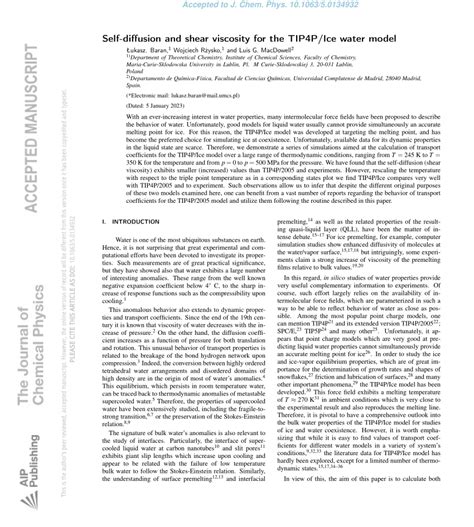 PDF Self Diffusion And Shear Viscosity For The TIP P Ice Water Model