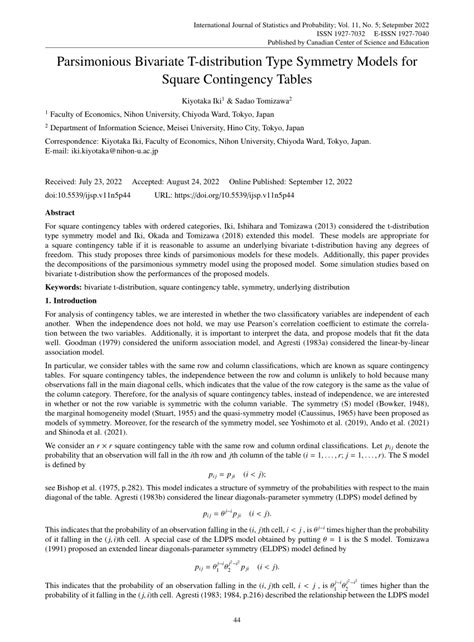 Pdf Parsimonious Bivariate T Distribution Type Symmetry Models For Square Contingency Tables