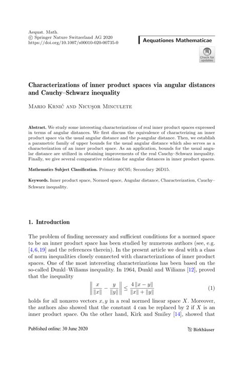 Pdf Characterizations Of Inner Product Spaces Via Angular Distances And Cauchyschwarz Inequality