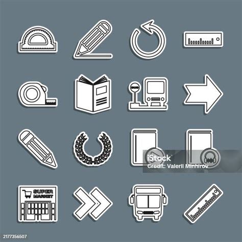라인 눈금자 오디오 북 화살표 새로 고침 열기 룰렛 구성 각도기 그리드 및 버스 정류장 아이콘을 설정합니다 벡터 교육에 대한 스톡 벡터 아트 및 기타 이미지 Istock