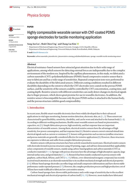 Highly Compressible Wearable Sensor With Cnt Coated Pdms Sponge Electrodes For Tactile