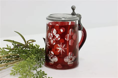Blown Ruby Glass Antique Stein Or Mug Pewter Lid