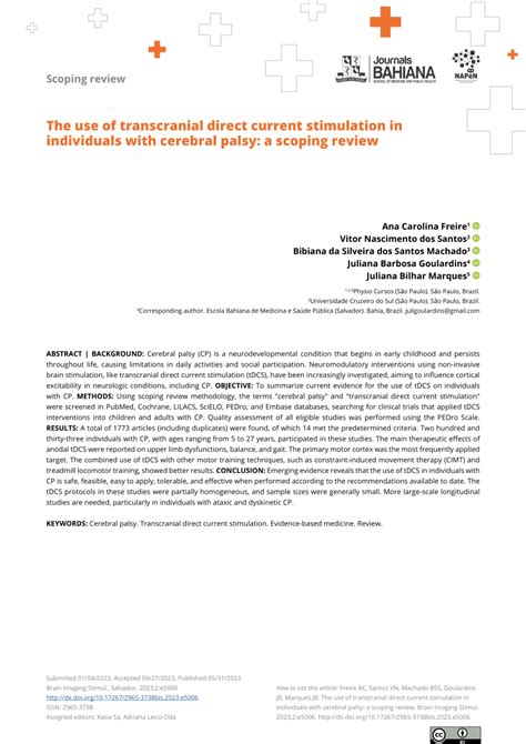 Pdf The Use Of Transcranial Direct Current Stimulation In Individuals With Cerebral Palsy A