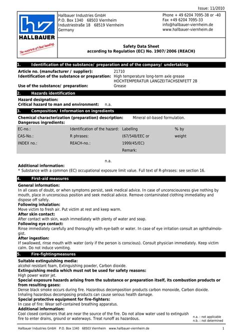 2b Grease Safety Data Sheet Hipub Hallbauer Viernheim