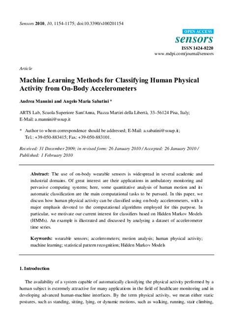 Pdf Machine Learning Methods For Classifying Human Physical Activity From On Body Accelerometers
