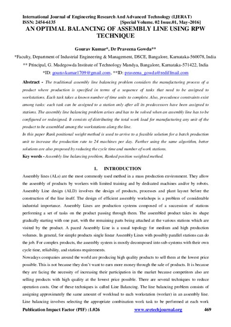 pdf an optimal balancing of assembly line using rpw technique