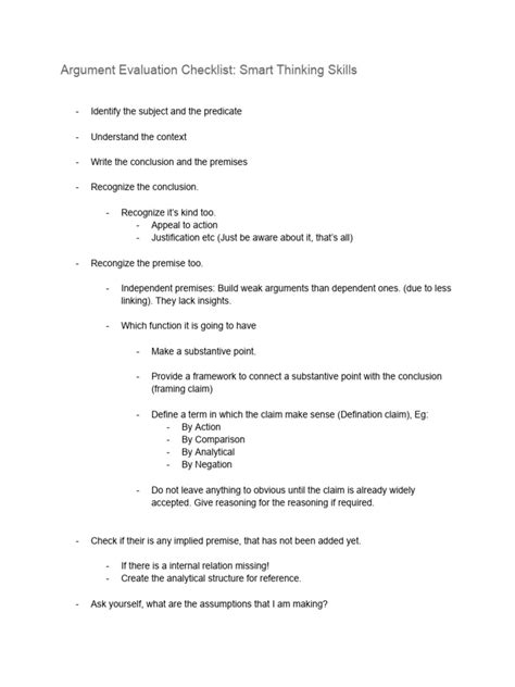 Argument Evaluation Checklist Smart Thinking Skills Pdf Argument