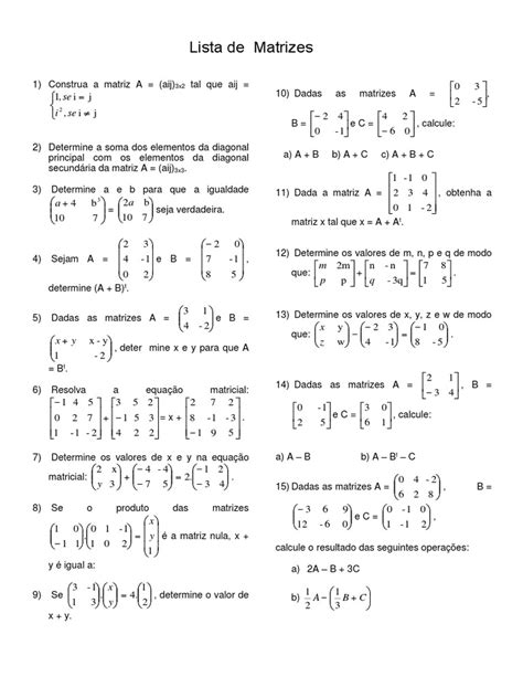 452496 1Â° Lista De Matrizes Pdf Matriz Matemática Objetos Matemáticos