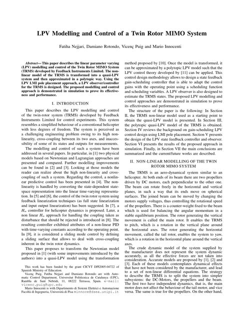 Pdf Lpv Modelling And Control Of A Twin Rotor Mimo System