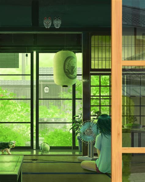 Pei Sumurai Original Highres 1girl Arms At Sides Black Hair Bonsai Bush Dog Electric