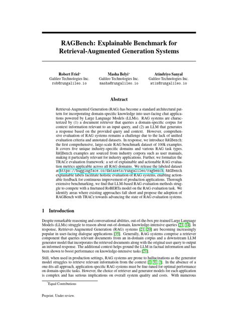 Ragbench Explainable Benchmark For Retrieval Augmented Generation Systems Pdf Information