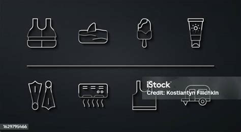 세트 라인 구명 조끼 수영용 고무 오리발 자외선 차단제 크림 튜브 민소매 티셔츠 에어컨 상어 지느러미 바다 파도 Rv 캠핑 트레일러 및 얼음 아이콘 벡터 검은색에 대한 스톡