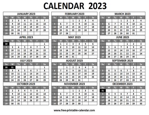 Free Yearly 2023 Calendar Printable