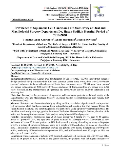 Pdf Prevalence Of Squamous Cell Carcinoma Of Oral Cavity At Oral And