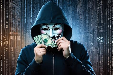 premium photo hacker man wearing anonymous mask stealing money with