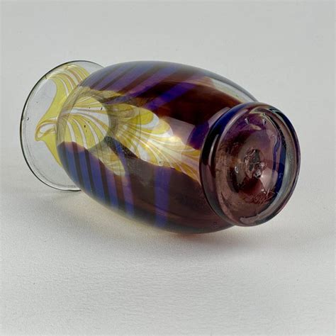 Vintage Signed Hand Blown Clear Art Glass Vase 1977 In Blue And Yellow