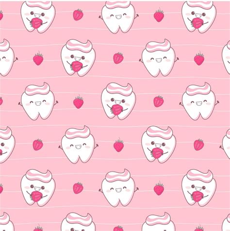 귀여운 치아와 딸기 치약 원활한 패턴 분홍색 배경 프리미엄 벡터