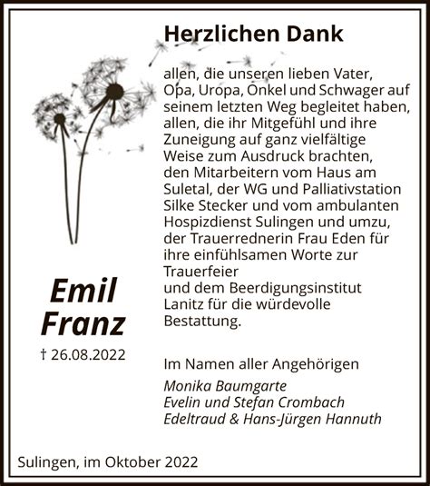 Traueranzeigen Von Emil Franz Trauerkreiszeitungde