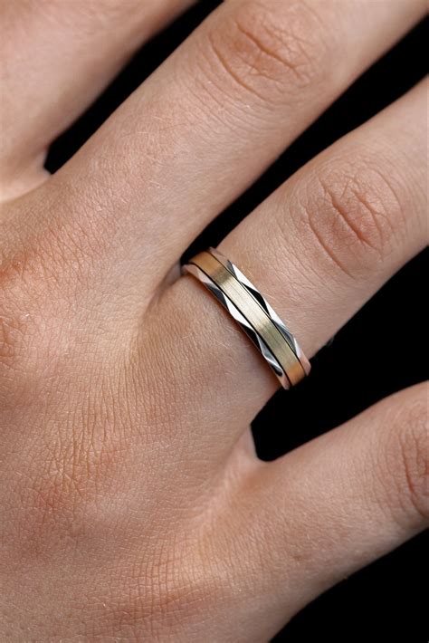 Two Tone Mens Wedding Band With Faceted Details 14k Gold Band Faceted