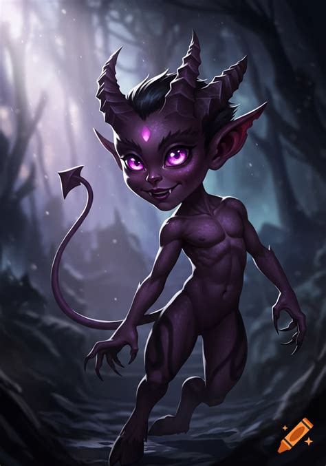 A Mischievous Purple Fantasy Imp With Horns Glowing Pink Eyes And A