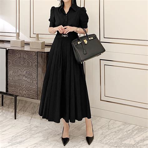 셀린 골드 버클 퍼프소매 A라인 플리츠 주름 플레어 밴딩 셔츠 롱원피스화이트 블랙