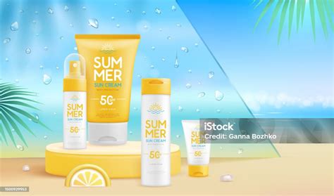 3d 무대와 자외선 차단제 크림 세트가 있는 여름 해변 배경 화려한 여름 풍경입니다 벡터 그림 3차원 형태에 대한 스톡 벡터