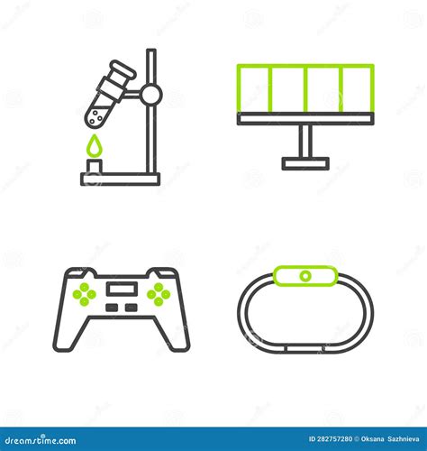 Set Line Smartwatch Gamepad Solar Energy Panel And Test Tube Flask On