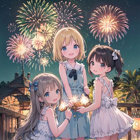、pretty Girl、fireworks Display、a Happy Smile、beautiful Background
