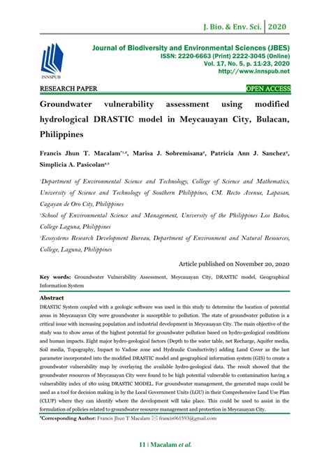 Pdf Groundwater Vulnerability Assessment Using Modified Hydrological