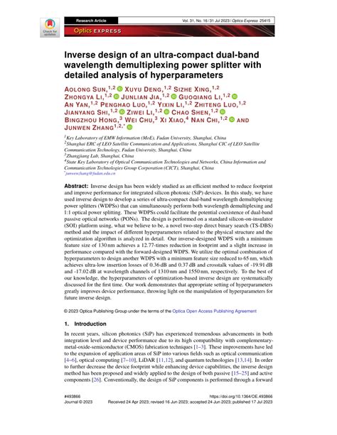 Pdf Inverse Design Of An Ultra Compact Dual Band Wavelength Demultiplexing Power Splitter With