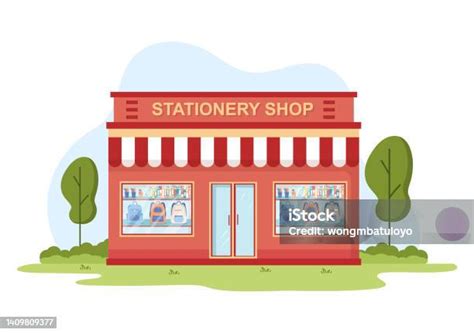 평면 만화 일러스트레이션에서 책 배낭 노트북 통치자 연필 펜 계산기 또는 가위와 같은 학교 용품을 구입하기위한 문구점 건물