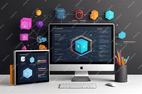 3d rendering of computer showing web development with 3d shapespie