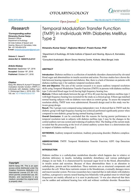Pdf Temporal Modulation Transfer Function Tmtf In Individuals With