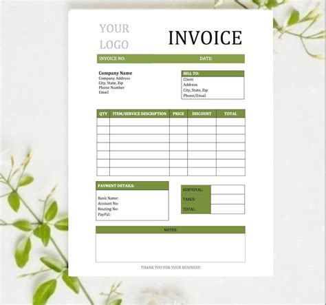 Invoice Template Green Editable Invoice Printable Invoice Simple