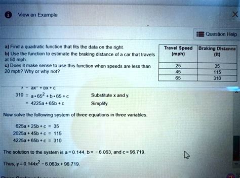 Solvedview An Example Question Help A Find Quadratic Function That Fits The Data On He Right