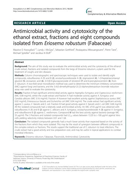 Pdf Antimicrobial Activity And Cytotoxicity Of The Ethanol Extract Fractions And Eight