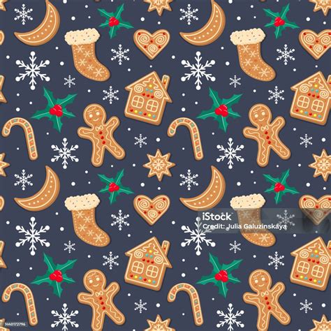 크리스마스 진저 브레드 눈송이 및 홀리와 매끄러운 패턴 진저 브레드 남자 집 사탕 지팡이 양말 달 진한 파란색 배경에 심장 모양의 크리스마스 수제 비스킷 진저브레드 비스킷에