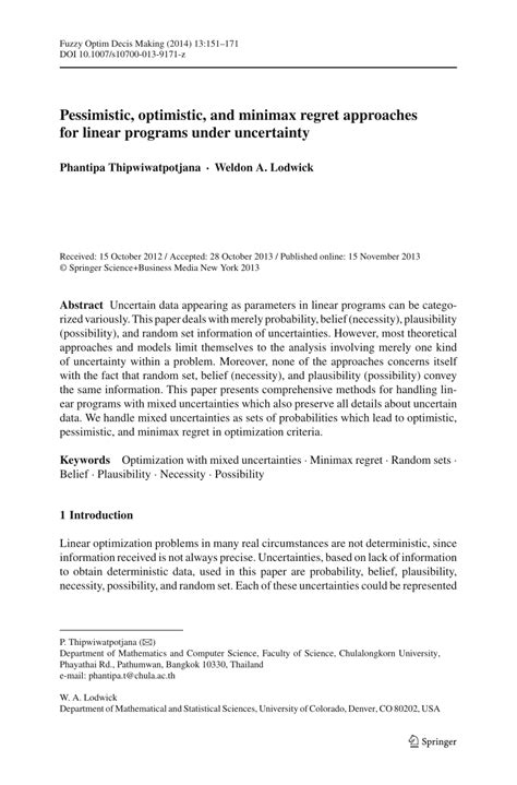 Pdf Pessimistic Optimistic And Minimax Regret Approaches For Linear