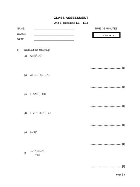 Class Assessment Year 10 Unit 1 Exercise 11 119 Pdf