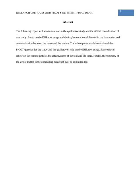 Research Critiques And Picot Statement Final Draft