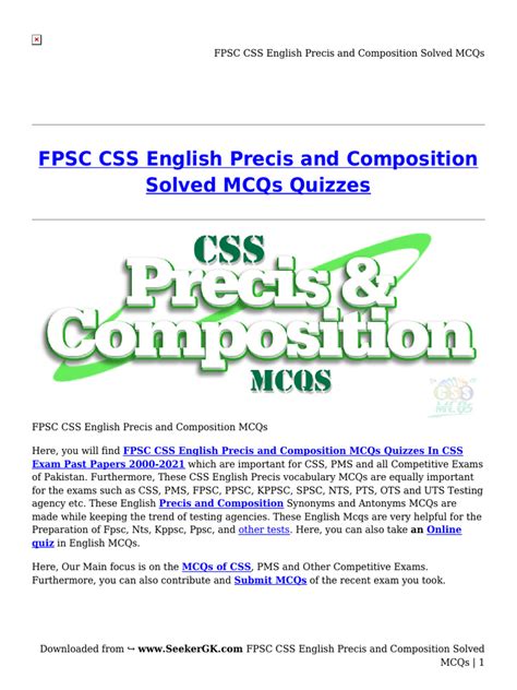 Fpsc Css English Precis And Composition Solved Mcqs Pdf English