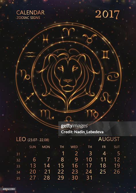 Calendar For 2017 Year Zodiac Sign Of Leo In August High Res Vector