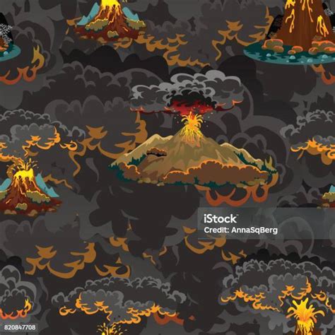 화산 분화 한 자 정도의 변화 또는 위험한 벌 컨 마그마 화산재와 화산 용암 산 벡터 일러스트 레이 션 아래로 흐르는 연기 비행기에서 인사를 깨우기의 집합 가루로 빻은에