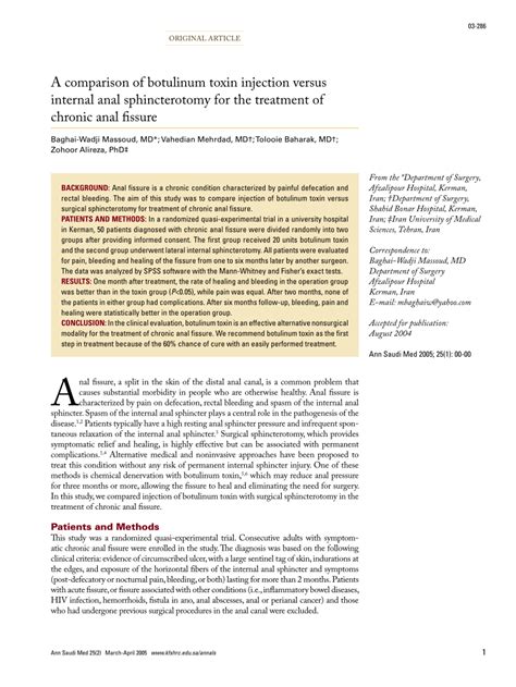 Pdf Botulinum Toxin Injection Versus Internal Anal Sphincterotomy For The Chronic Anal Fissure
