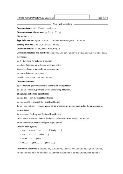 Python Reference Sheet Info1110comp9001 Write Your Sid Page 1 Of 2