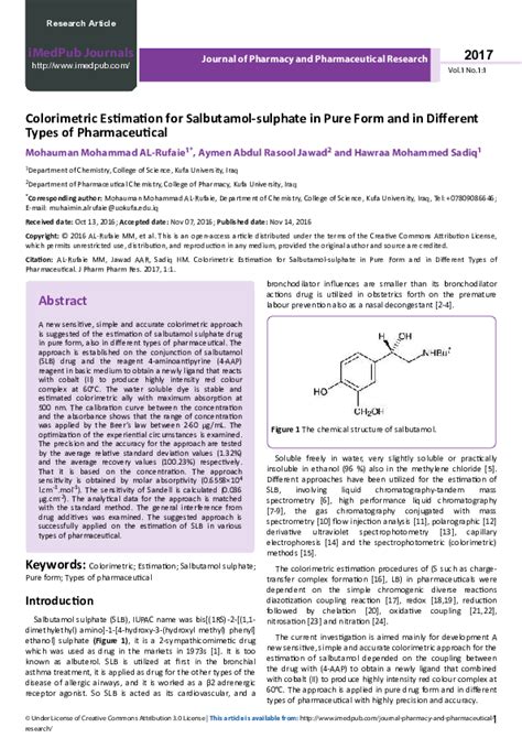 Pdf Colorimetric Estimation For Salbutamol Sulphate In Pure Form And In Different Types Of