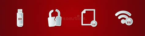 Set Usb Flash Drive With Lock Broken Or Cracked Document And And Wifi Locked Icon Vector