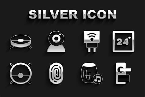 지문 온도 조절기 디지털 도어 잠금 장치 음성 비서 로봇 진공 청소기 스마트 전기 플러그 및 웹 카메라 아이콘을 설정합니다 벡터 가사 집안일에 대한 스톡 벡터 아트 및 기타