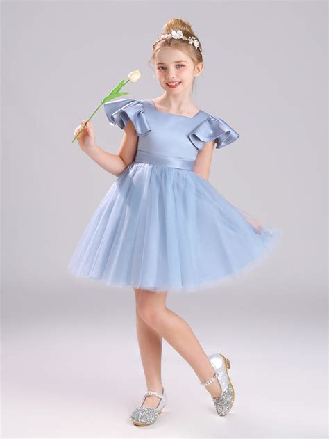 Puffy Sleeves V Back With Bowknot Satin Top Tulle Flower Girl Dress