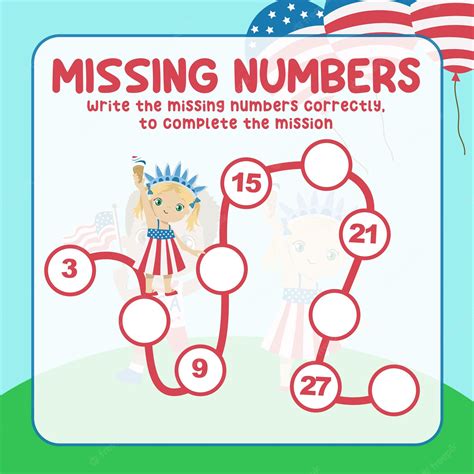 누락된 숫자 답을 올바르게 쓰기 교육용 인쇄 가능한 수학 워크시트 벡터 파일 프리미엄 벡터